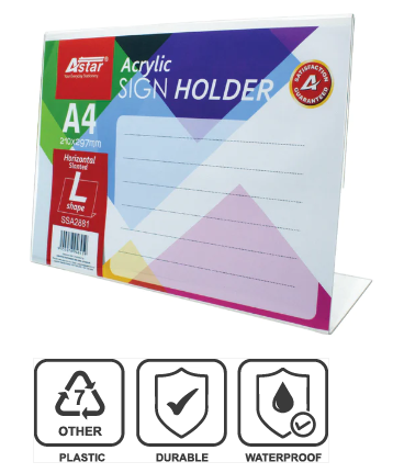 ASTAR ACRYLIC SIGN HOLDER A4 HORIZONTAL L SHAPE SSA2881